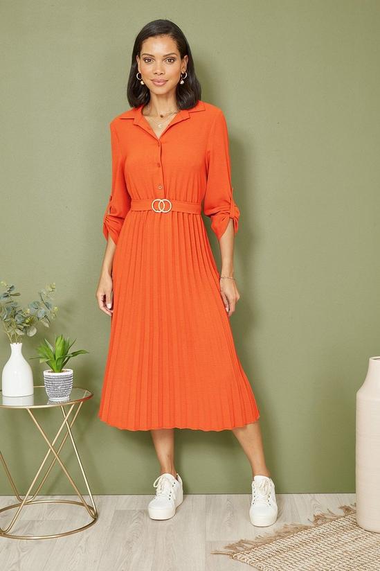Dresses Burnt Orange Pleated Skirt Midi Dress With Gold Buckle Mela
